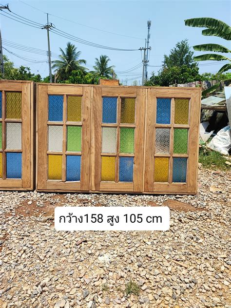 ⭐หน้าต่างพร้อมวงกบไม้สักชุดกระจกสีดอกพิกุล กระจกใส่ ขนาดกว้าง 158 สูง 105 Cm 🌱มี 5 ชุด ชุดละ