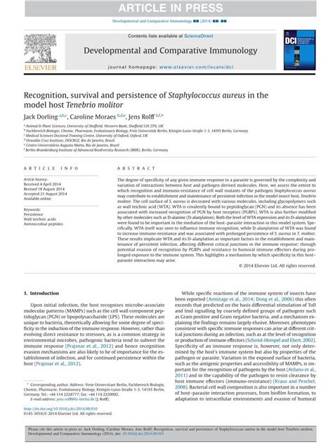Pdf Recognition Survival And Persistence Of Staphylococcus Aureus In The Model Host Tenebrio
