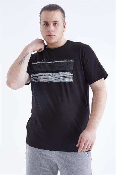 Siyah Baskılı O Yaka Büyük Beden Erkek T shirt 88073 TOMMYLIFE