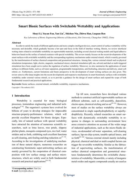 Pdf Smart Bionic Surfaces With Switchable Wettability And Applications