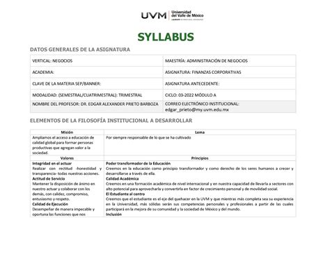 Syllabus Estructura De La Clase De Finanzas Corporativas De La UVM