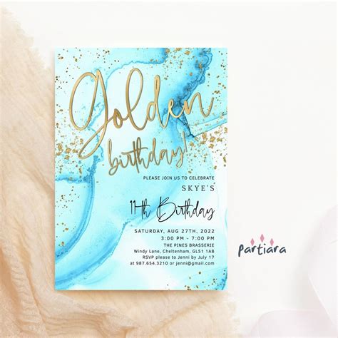 Sky Blue Golden Birthday Invitation Printable Girls Lucky Party Gold