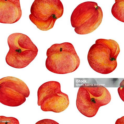 신선한 복숭아 원활한 수채화 패턴입니다 흰색 배경에 격리된 손으로 그린 육즙이 많은 열대 과일 줄기에 달콤한 정원 천도 복숭아 여름 이국적인 열매 인쇄물 포스터 카드 웹용