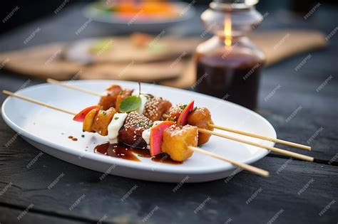 Premium Photo Handdipped Sticky Toffee Pudding Bites On Skewers With Sauce