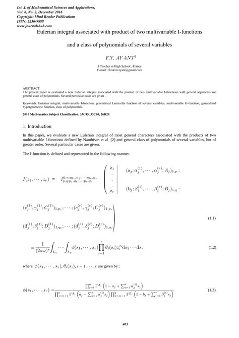 Pdf Eulerian Integral Associated With Product Of Two Multivariable I Functions And A Class Of