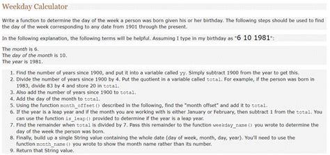 Solved Weekday Calculator Write A Function To Determine The Chegg