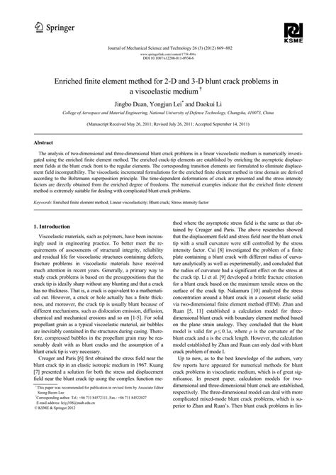 Pdf Enriched Finite Element Method For 2 D And 3 D Blunt Crack Problems In A Viscoelastic Medium