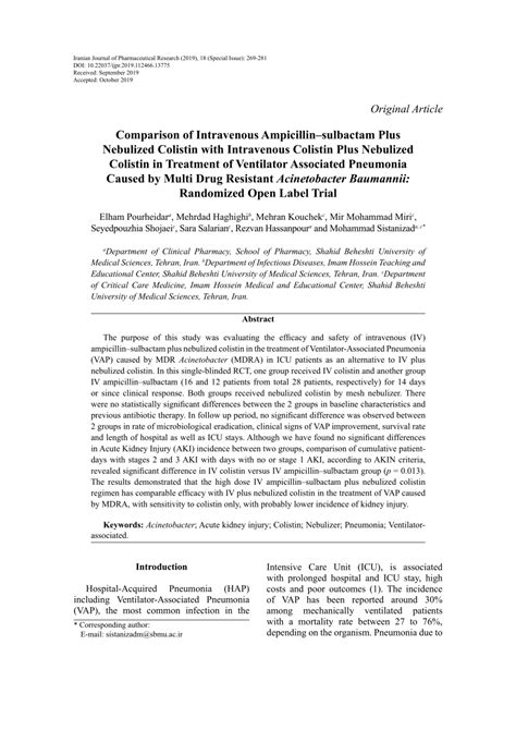 Pdf Comparison Of Intravenous Ampicillin Sulbactam Plus Nebulized Colistin With Intravenous