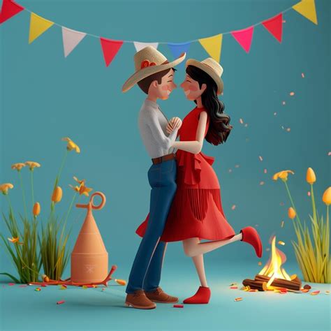3d Illustration Of A Couple Dancing Square Dancing In An Environment Decorated With Flags And A