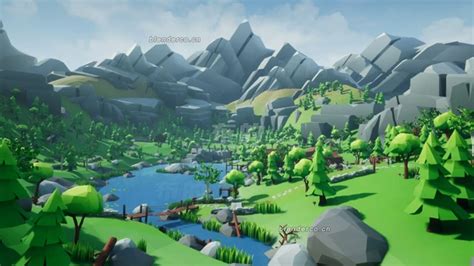 Blender低面卡通农村湖泊世外村庄风景模型 Blender布的