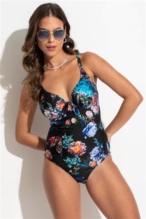 Lisbon Underwired Non Padded Swimsuit In Black Floral Pour Moi