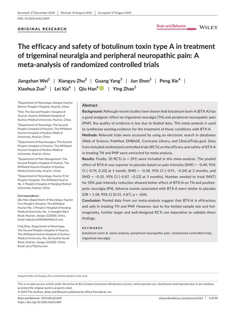 Pdf The Efficacy And Safety Of Botulinum Toxin Type A In Treatment Of Trigeminal Neuralgia And