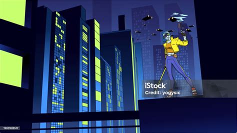 Vector Female Cyberpunk Mercenary In A City Vector Illustration Stock