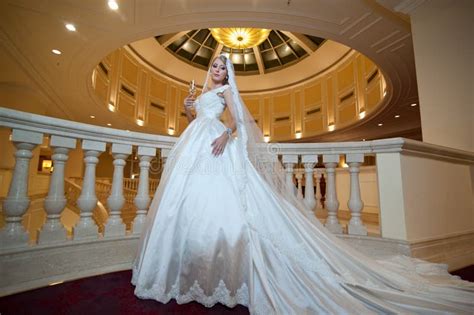 Mujer Lujosa Hermosa Joven En El Vestido De Boda Que Presenta En