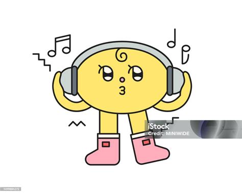 귀여운 추상적인 모양 캐릭터 타원형은 헤드셋을 착용하고 경쾌한 음악을 듣고 있습니다 귀여운에 대한 스톡 벡터 아트 및 기타