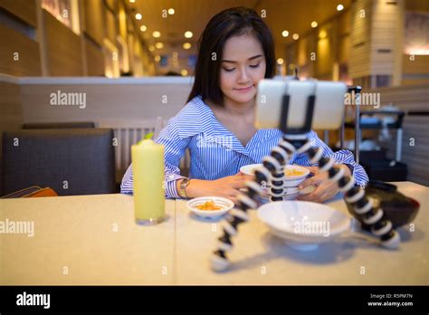 Young Beautiful Asian Tourist Woman Vlogging With Mobile Phone I Stock