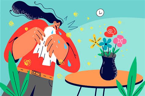 건강에 해로운 여성은 꽃 알레르기로 고통받습니다 알레르기에 대한 스톡 벡터 아트 및 기타 이미지 알레르기 재채기 꽃가루