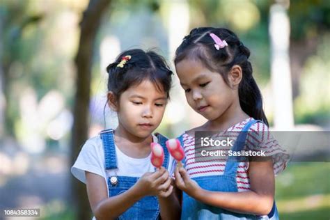 공원에서 아이스크림을 함께 먹는 두 귀여운 아시아 아이 여자 2명에 대한 스톡 사진 및 기타 이미지 2명 가족 건강한 식생활 Istock
