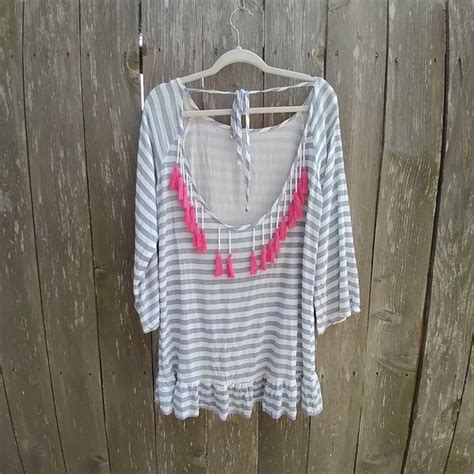 Francescas Tops Francescas Swim Size S Cover Up White Blue Striped