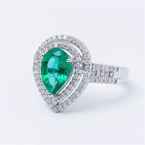 Pear Shape Emerald Diamond Gold Halo Cocktail Engagement Ring For Sale