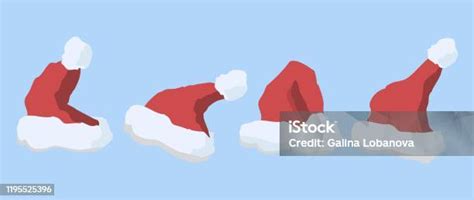 파란색 투명 배경에 고립 된 만화 빨간 산타 모자 세트입니다 개념 새해 복 과 함께 해 플랫 벡터 일러스트 장식입니다 산타 클로스 모자 Colllection 휴일 모자 에