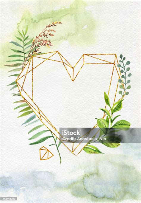手には黄金の多角形要素の水彩花柄が描かれました葉植物花および幾何学的な要素水彩紙背景フレーム設計 イラストレーションのベクターアート素材や