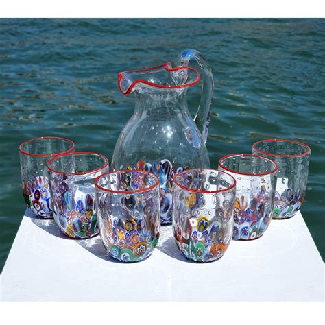 Set Of 6 Drinking Glasses Millefiori And Red Edge Original Murano