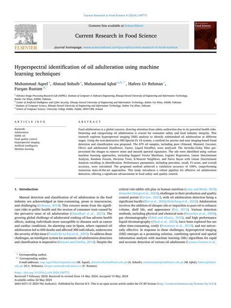 Pdf Hyperspectral Identification Of Oil Adulteration Using Machine
