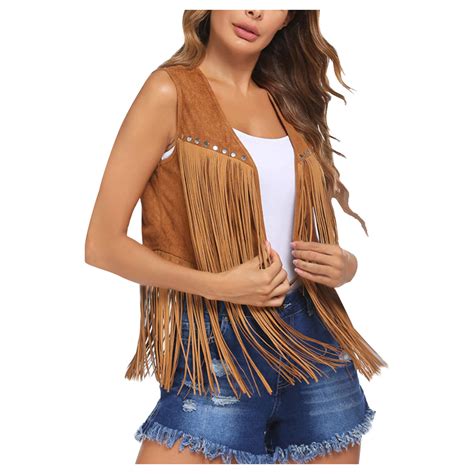 Womens Tassel Sleeveless Vest 70s Hippie Outfits Fringe Jacket