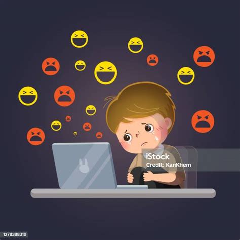 그의 노트북 앞에서 온라인으로 사이버 괴롭힘의 슬픈 소년 피해자의 벡터 일러스트 만화 사이버폭력에 대한 스톡 벡터 아트 및 기타