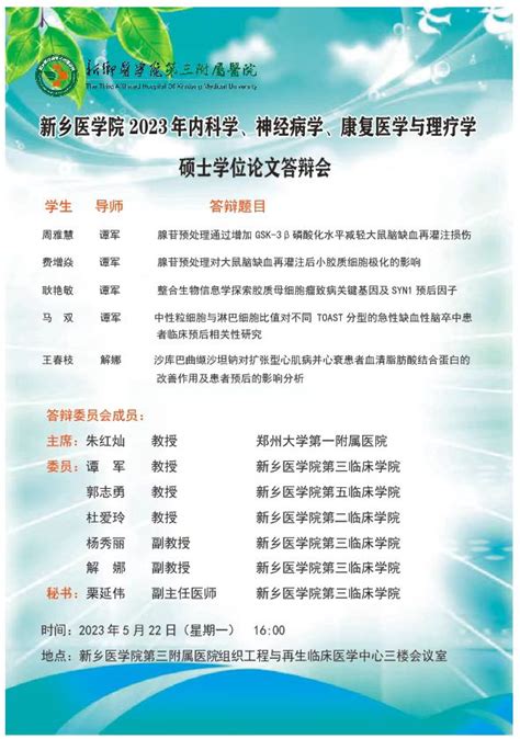 2023上半年新乡医学院第三临床学院内科学神经病学康复医学与理疗学学位论文答辩会 党委研究生工作部