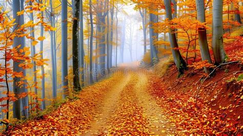 Leaf Covered Pathway Winds Through A Misty Autumn Forest With Tall