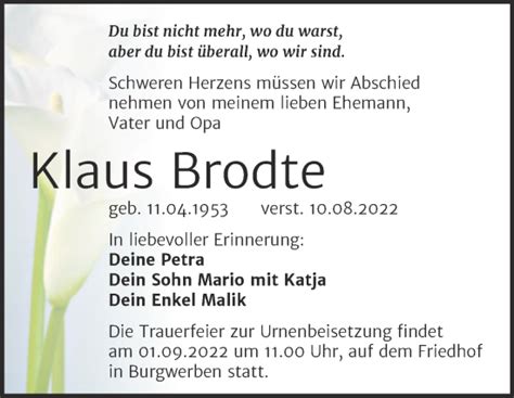 Traueranzeigen Von Klaus Brodte Abschied Nehmen De