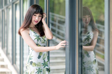 Dress Brunette Model Asian Girl Woman Reflection Wallpaper