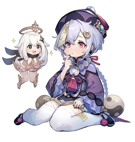 Genshin Impact Anime Sitting Paimon Simple Background Qiqi Genshin Impact P