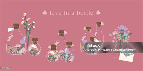 손으로 그린 벡터 일러스트 레이 션 세트 의 다른 유리 병 와 꽃 와 꽃 와 안쪽에 발렌타인 생일 선물 어머니의 날 테마 봄 꽃 꽃입니다 카드 스티커 초대장 소셜 미디어용