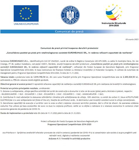 Comunicat de presă privind începerea derulării proiectului
