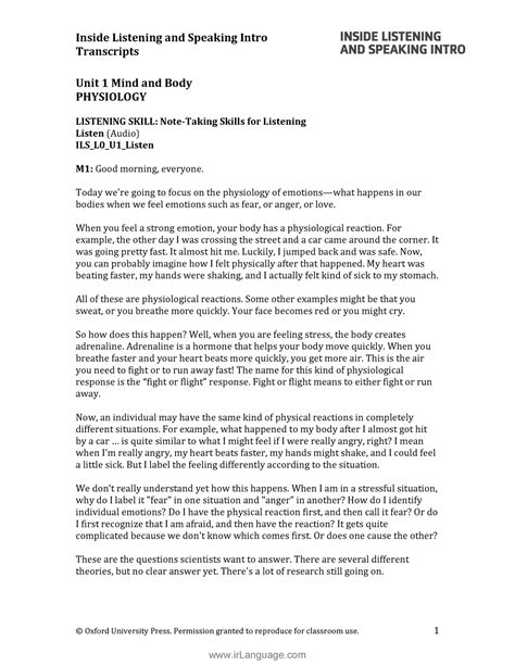 Inside Listening and Speaking L0 Transcripts - Transcripts © Oxford University Press. Permission ...
