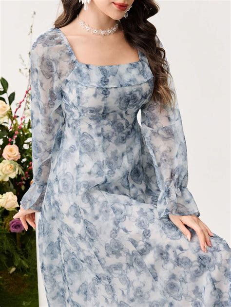 SHEIN Modely Vestido Elegante de Línea A de Gasa con Estampado Floral Romántico para Primavera