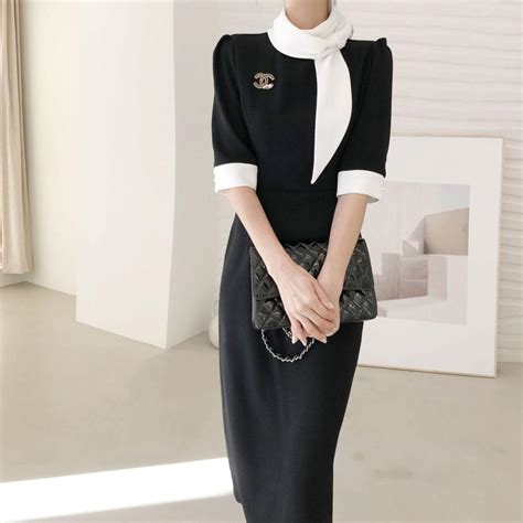 스카프 리본타이 H라인 진주 미디 롱 원피스블랙 배색우아한 하객룩 반팔 여성정장