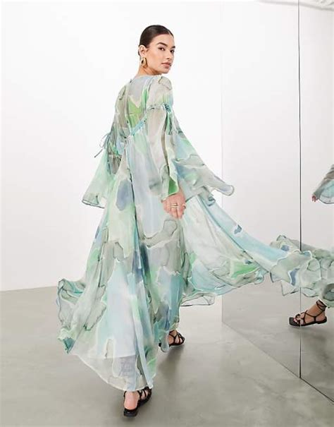 Asos Edition Long Sleeve Chiffon Maxi Dress With Gathered Detail In