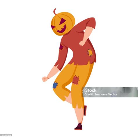 춤추는 호박 머리의 사람 축제 누더기 옷 할로윈 분위기 소름 끼치는 캐릭터 축하 으스스한 파티 재미 벡터 일러스트 레이 션 가을에 대한 스톡 벡터 아트 및 기타 이미지