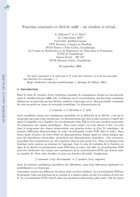 Pdf Fonction Constante Et Derivee Nulle Un Resultat Si Trivial