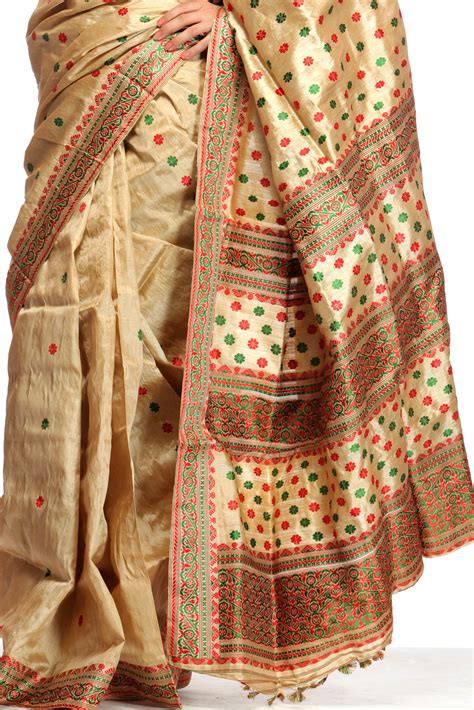 Hand Woven Moonga Silk Sari From Assam With Red And Green Bootis
