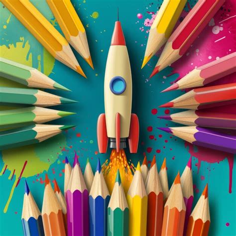 Premium Photo Rocket Ship Launching From A Group Of Colored Pencils