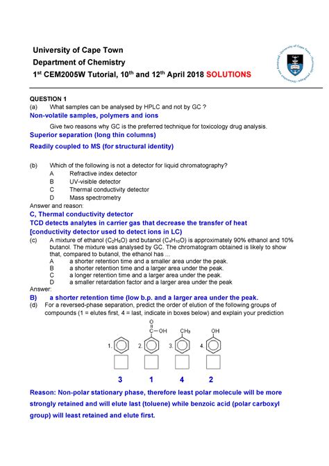 CEM2005 W 2018 Tutorial 1 Solutions University Of Cape Town