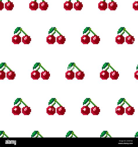 Seamless Pattern With Pixel Art Cherries Designed In A Retro Style Vector Illustration