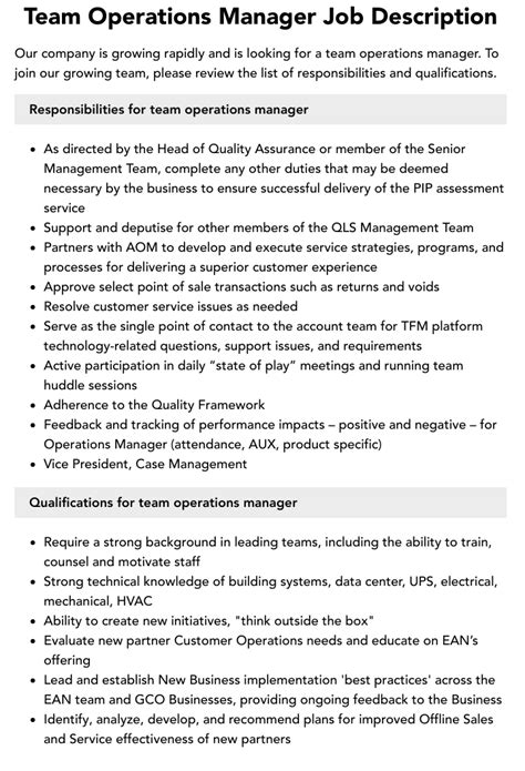 Team Operations Manager Job Description Velvet Jobs