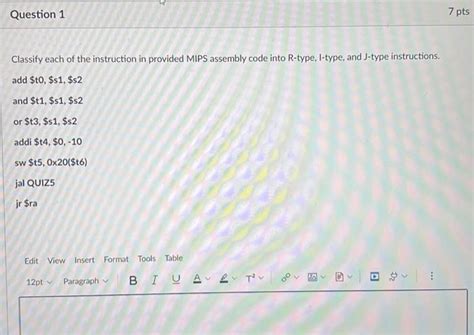 solved classify each of the instruction in provided mips