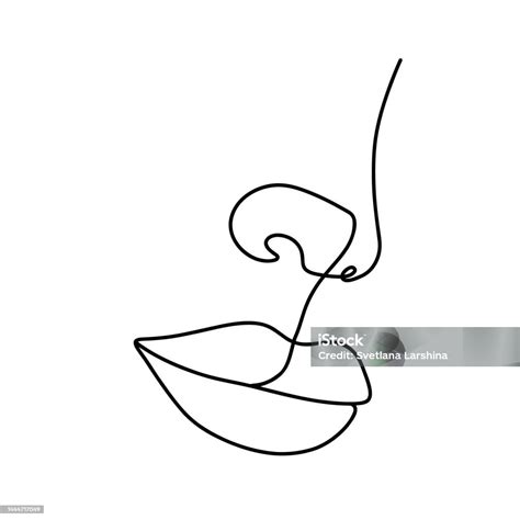 선형 여자 입술 영구 메이크업과 마이크로 블레이딩 흰색 배경에 입과 코 아이콘입니다 추상 미니멀리즘 여성 초상화 현대 벡터 일러스트 레이 션 개념에 대한 스톡 벡터 아트 및